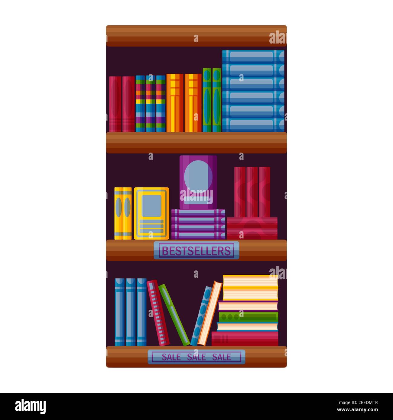 Bookshop rack with bestsellers and sale options. Bookstore shelf in ...