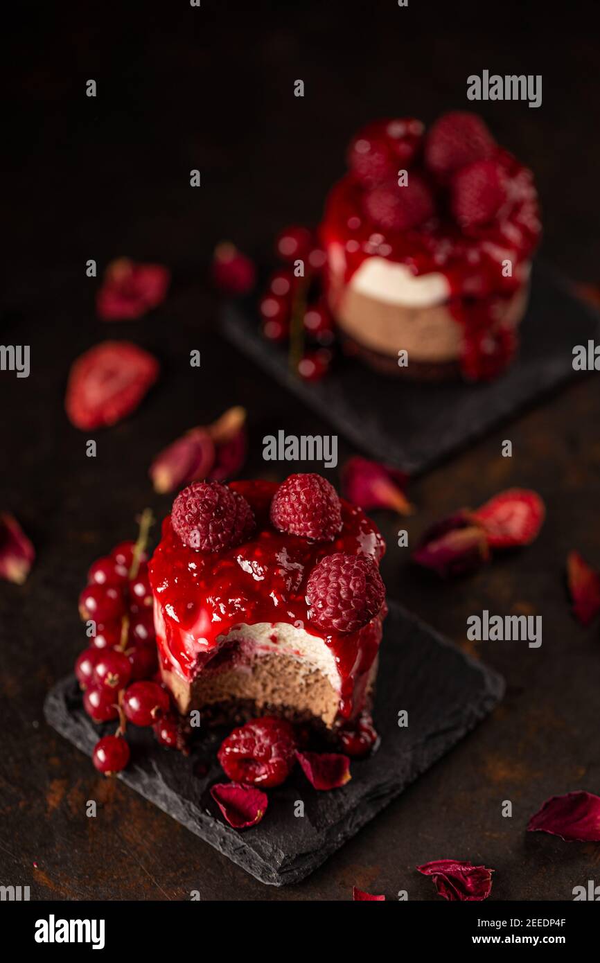 Modern european cake. Mini round raspberry cake with chocolate and ...