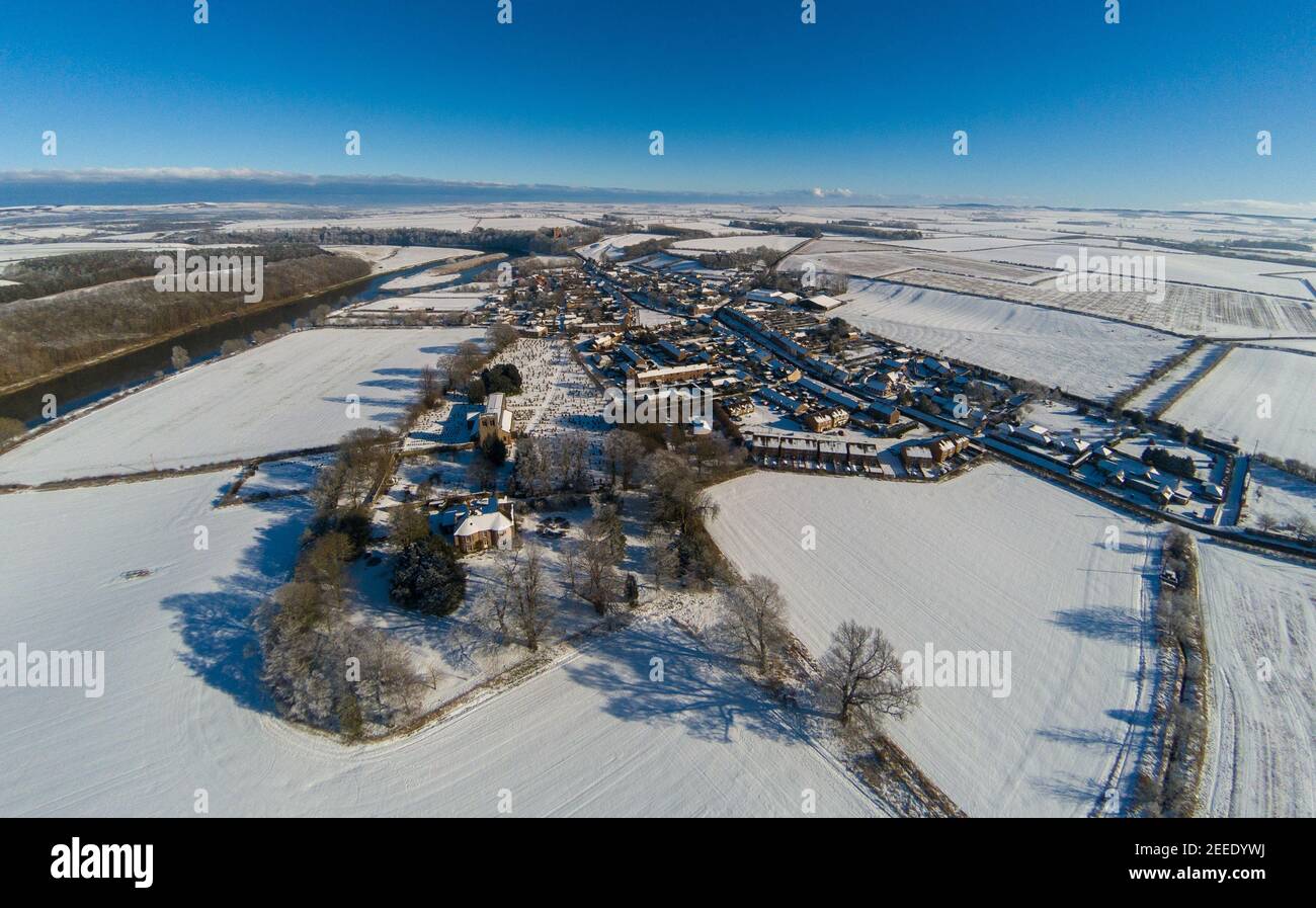 Norham village and the River Tweed viewed from the west, Northumberland ...