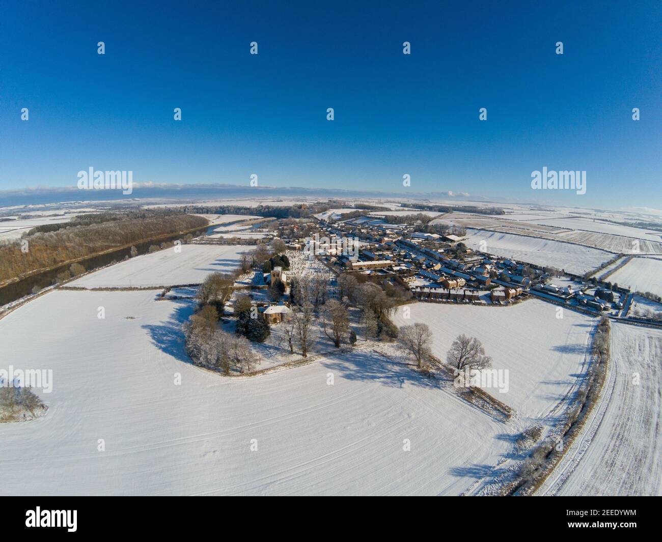 Norham village and the River Tweed viewed from the west, Northumberland ...