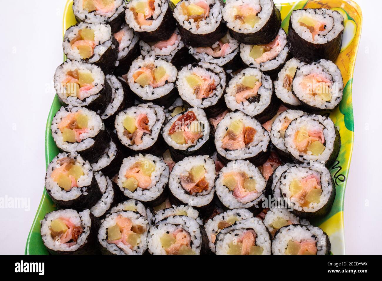 Top view of stack of Japanese sushi maki roll plate. Served in Japanese ...