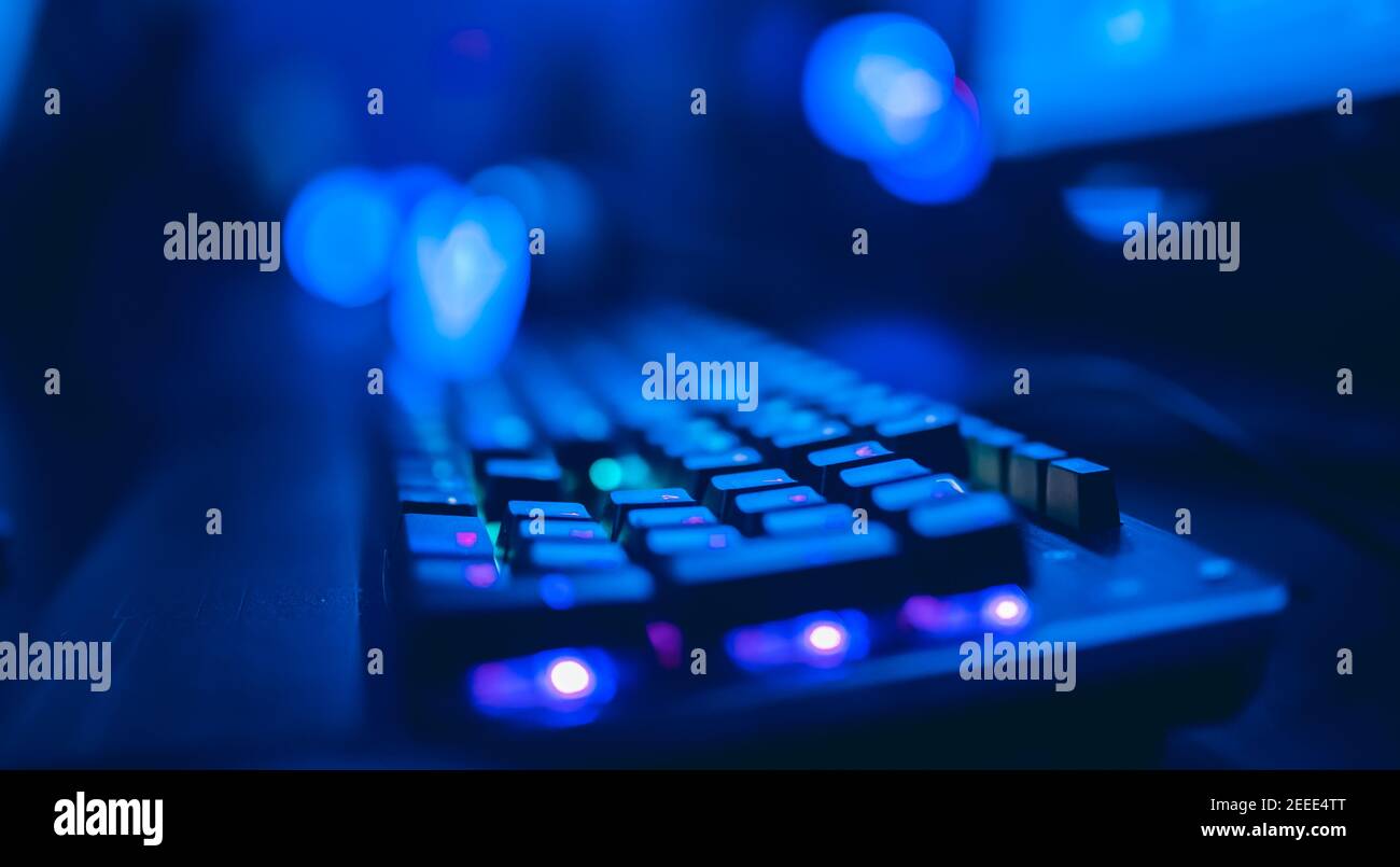 Professional cyber video gamer studio room with personal computer ...