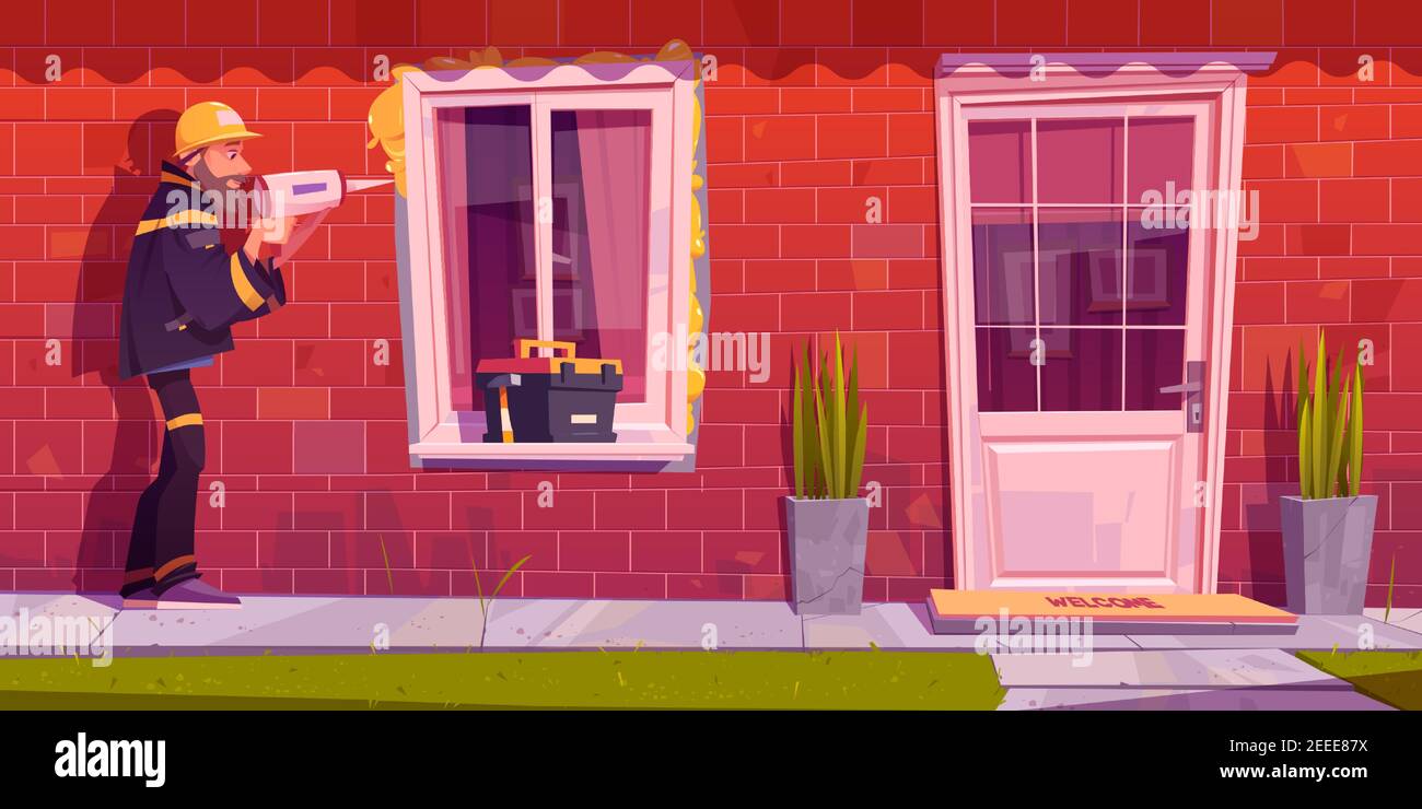 Worker installs plastic window at house. Construction and repair works ...