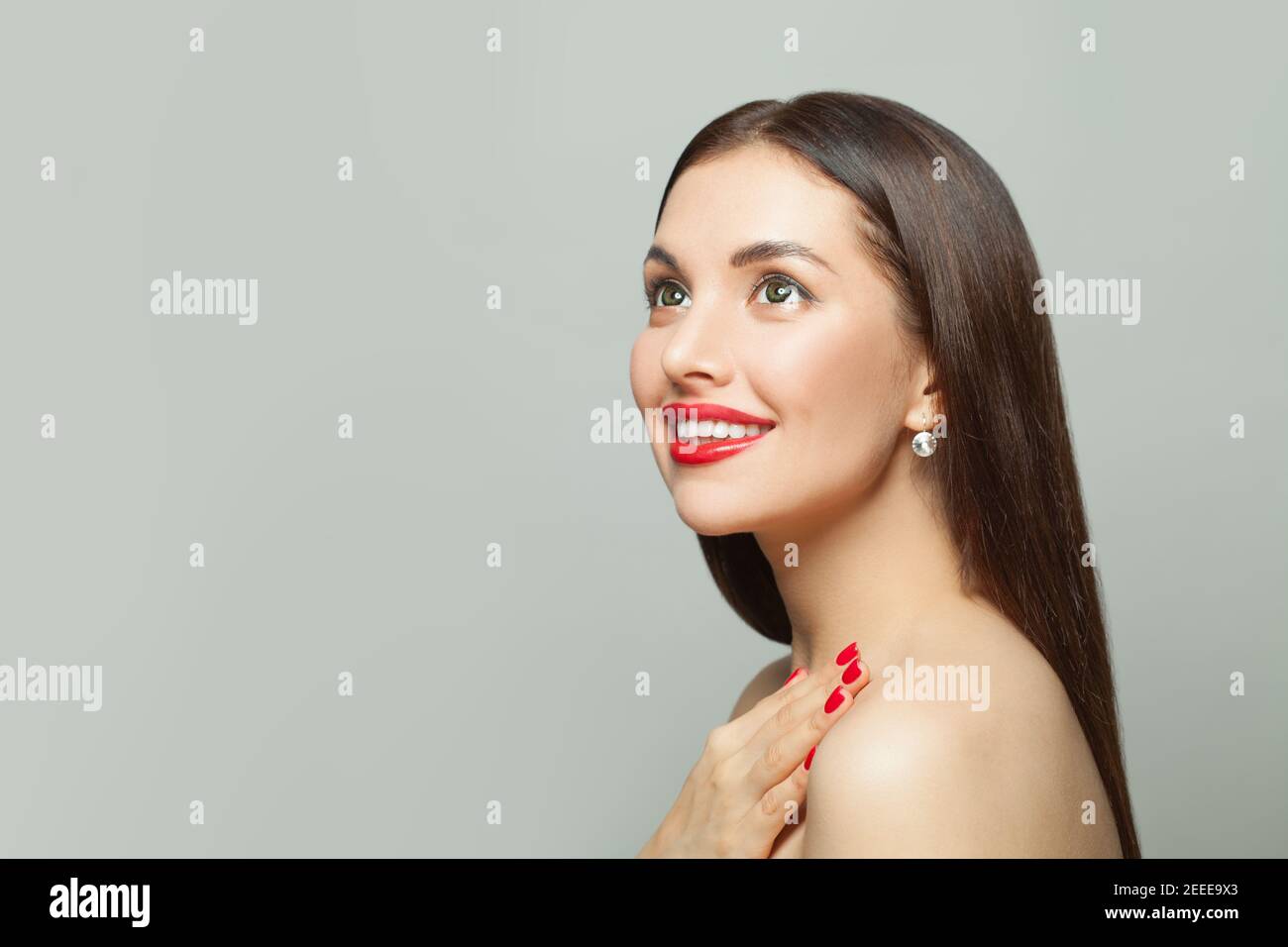 Beautiful woman with clear skin on white background. Skincare and ...