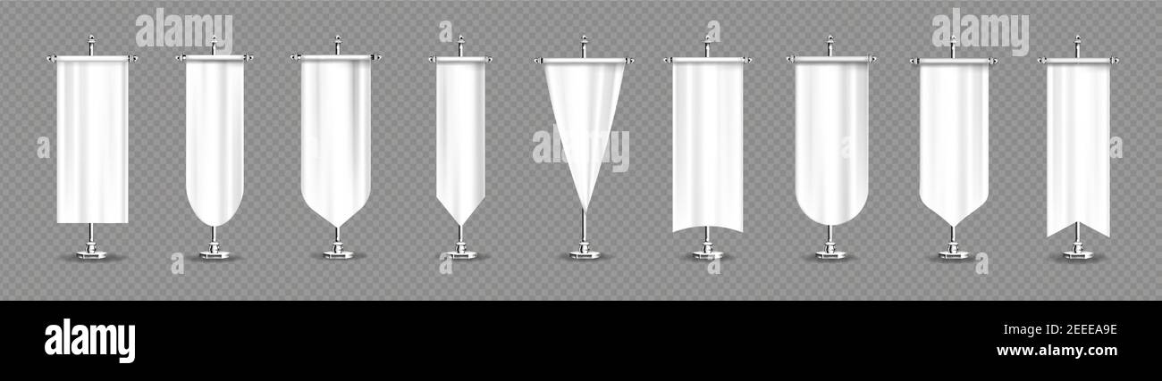 White pennant flags mockup, blank vertical banners on flagpole with ...