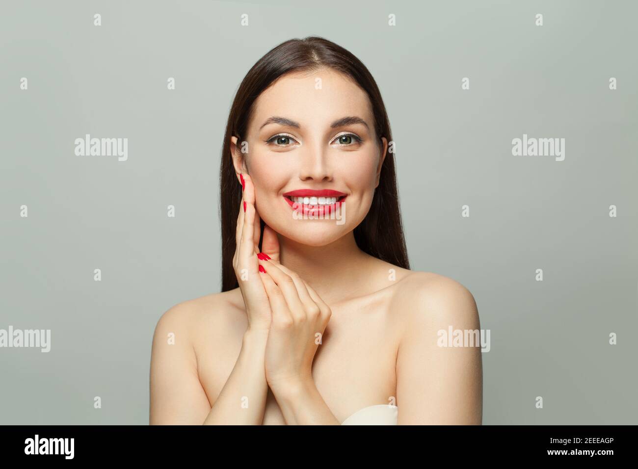 Perfect Brunette Woman With Clear Skin On White Skincare And Facial Treatment Concept Stock