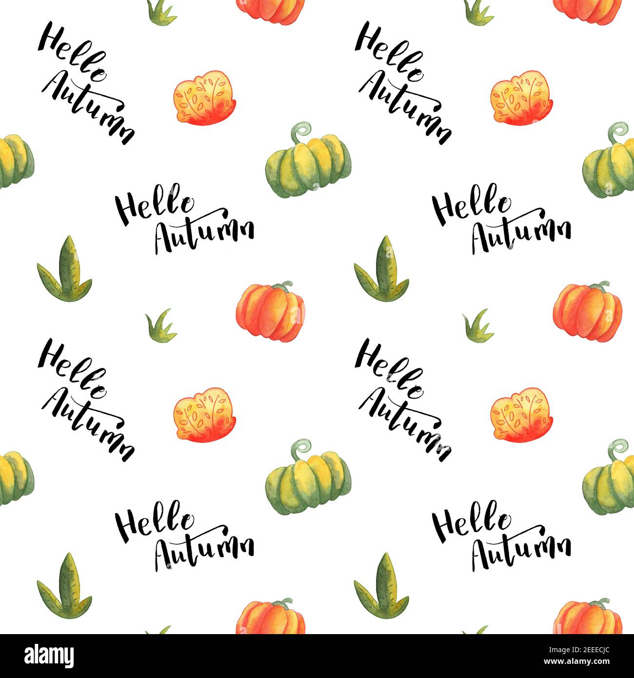 Hello Autumn seamless pattern on white background. Handdrawn lettering ...