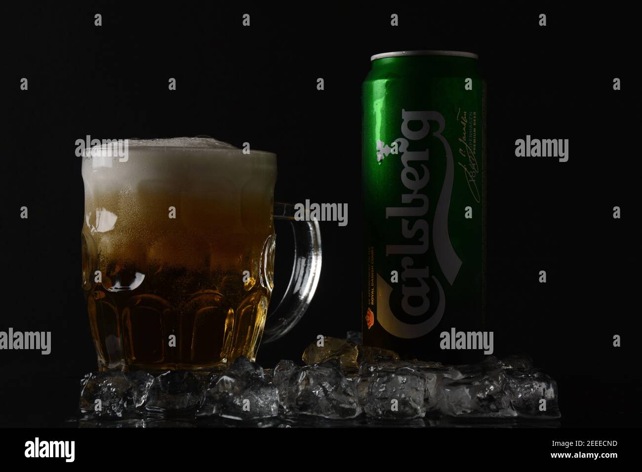 NETANYA,ISRAEL- June 29, 2020: Cold glass and aluminium can of ...