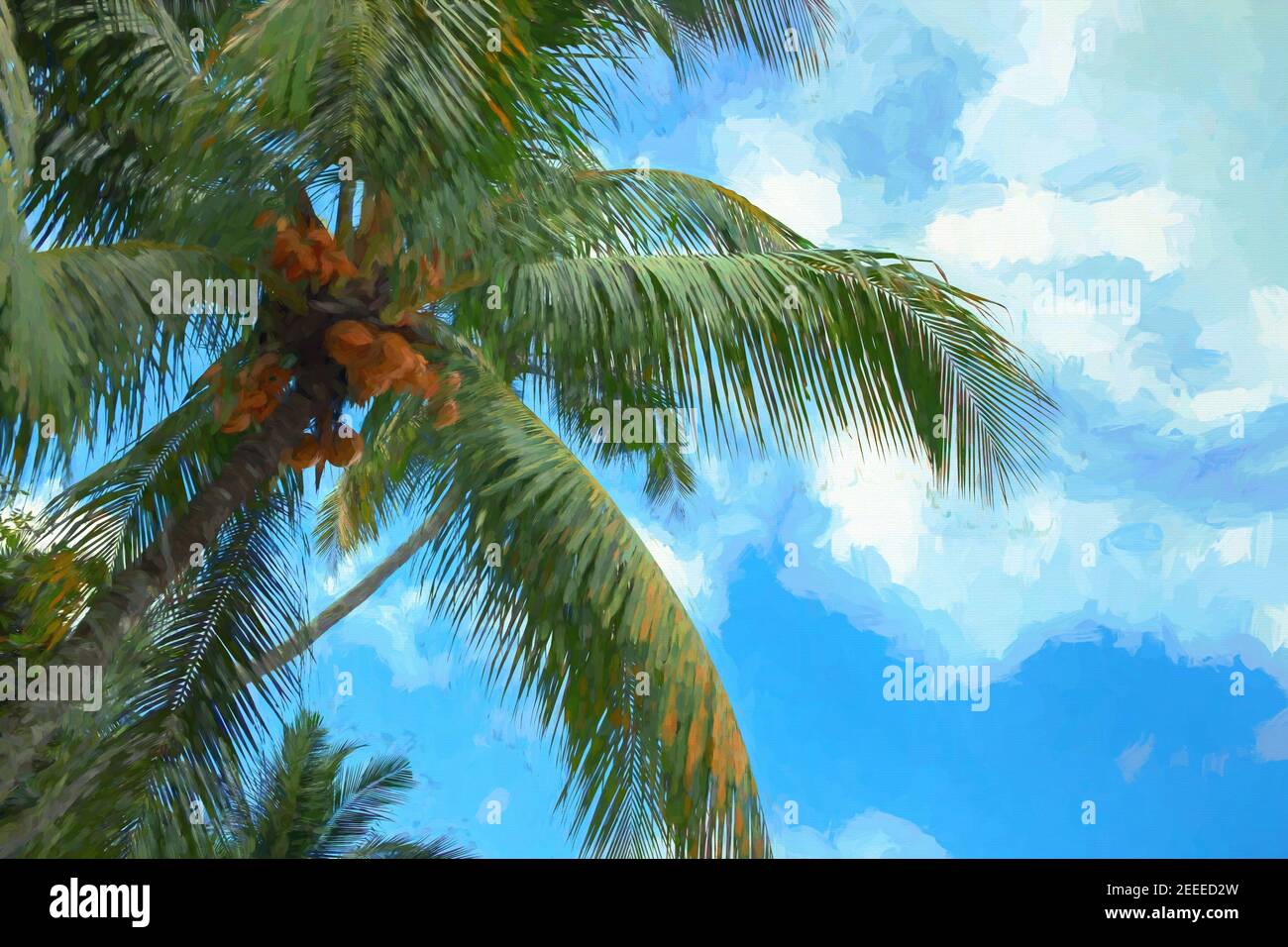 Green palm tree and blue sky digital illustration. Tropical nature ...