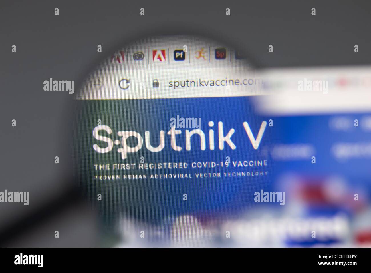 New York, USA - 15 February 2021: Sputnik V vaccine website in browser ...