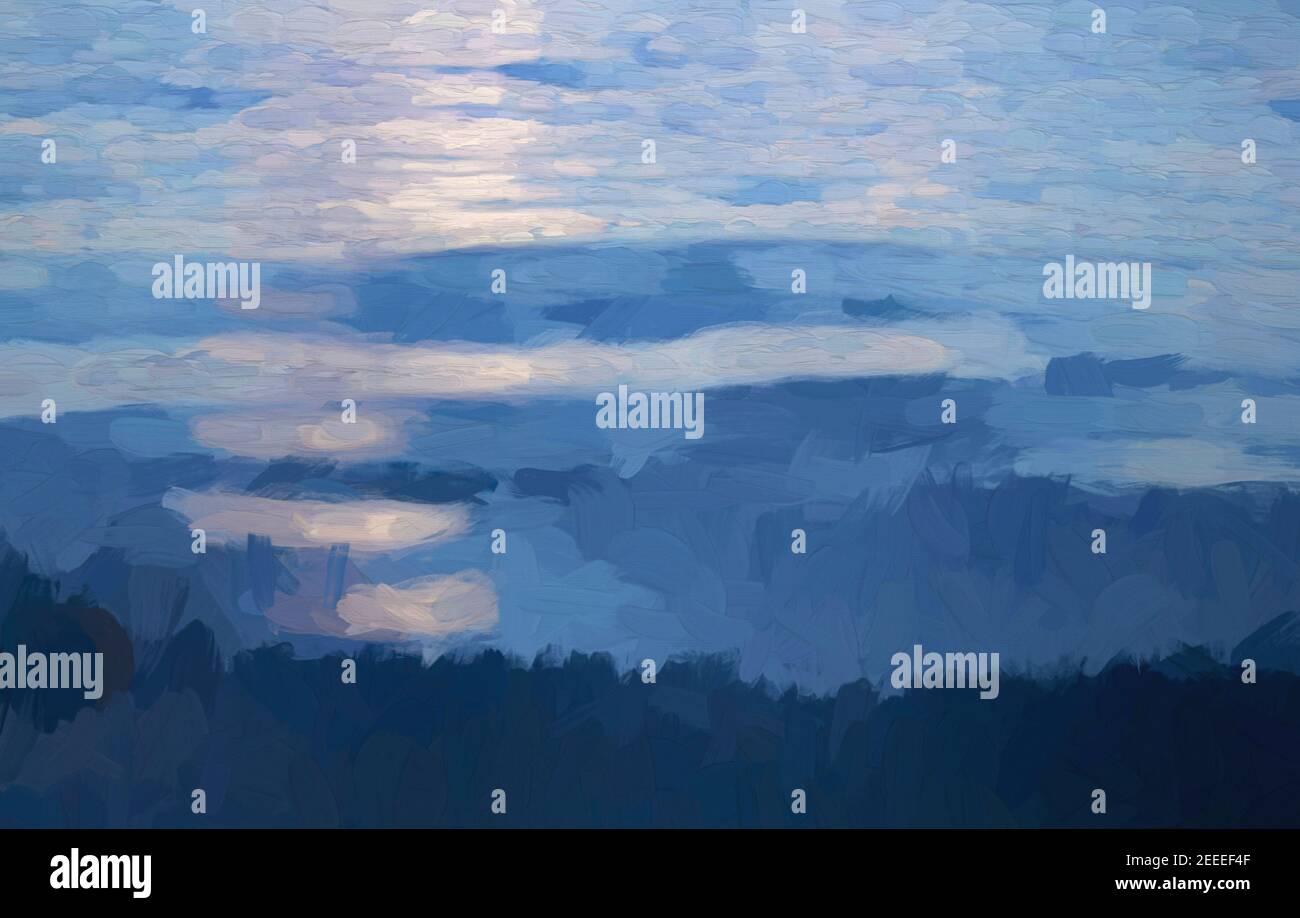 Abstract sea and sky digital illustration. Blue sky with sunset light ...