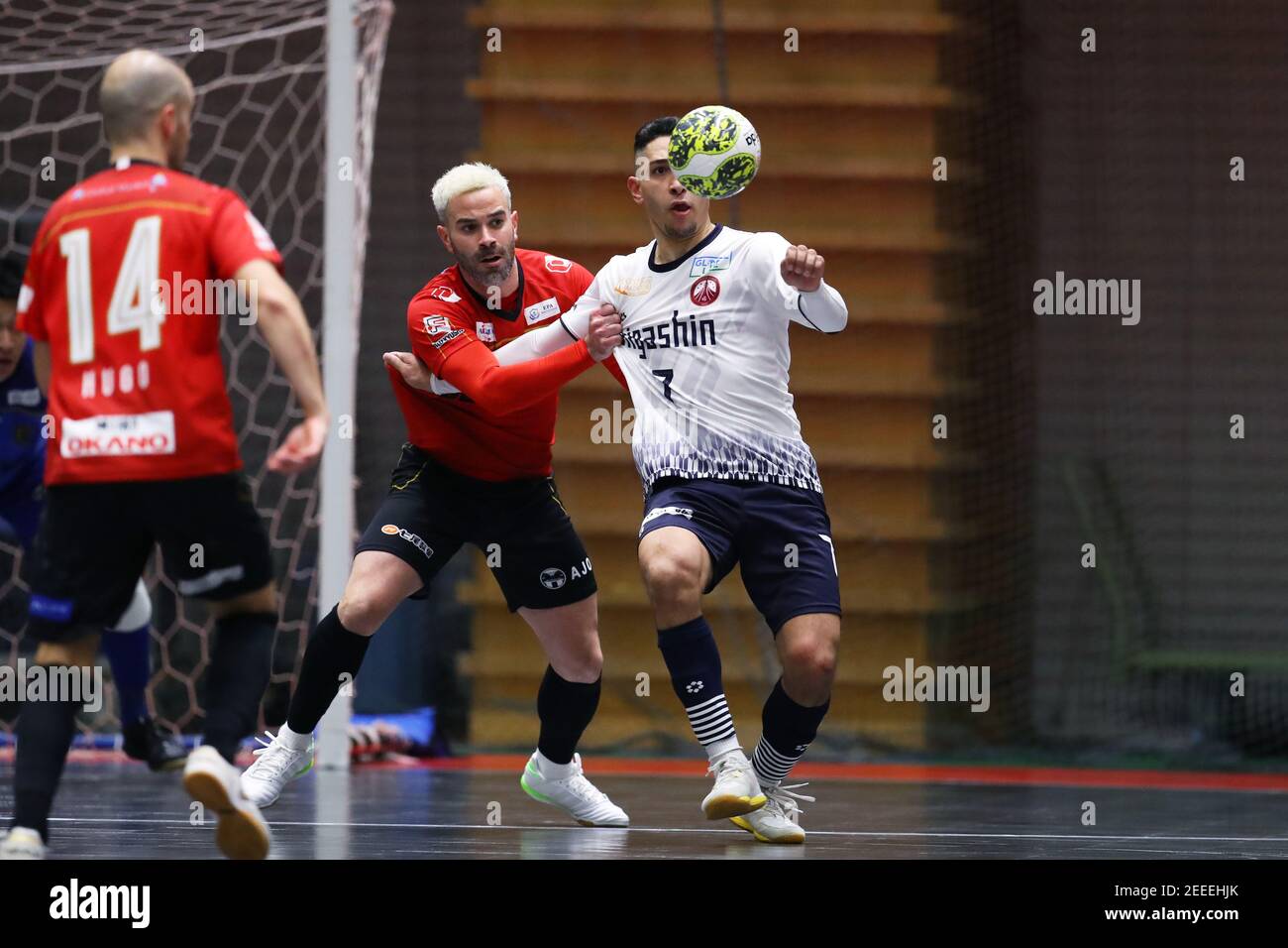 Komazawa Indoor Ball Sports Field, Tokyo, Japan. 14th Feb, 2021. (L to ...