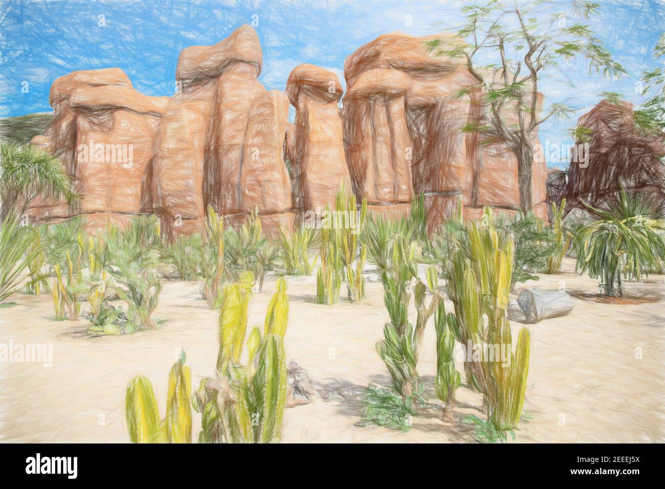 Desert with rocks and cactus digital illustration. Arid climate ...