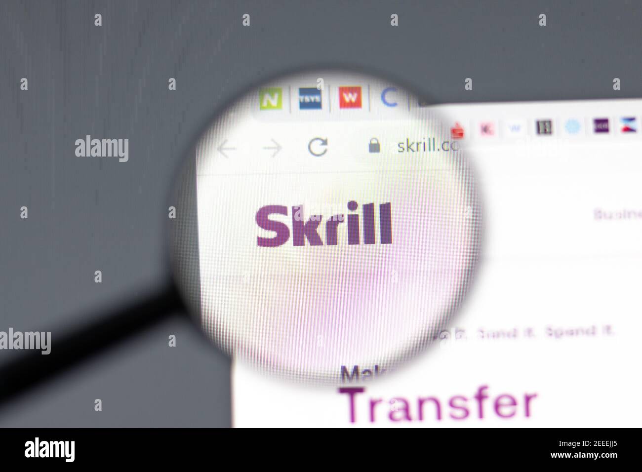 New York, USA - 15 February 2021: Skrill website in browser with ...