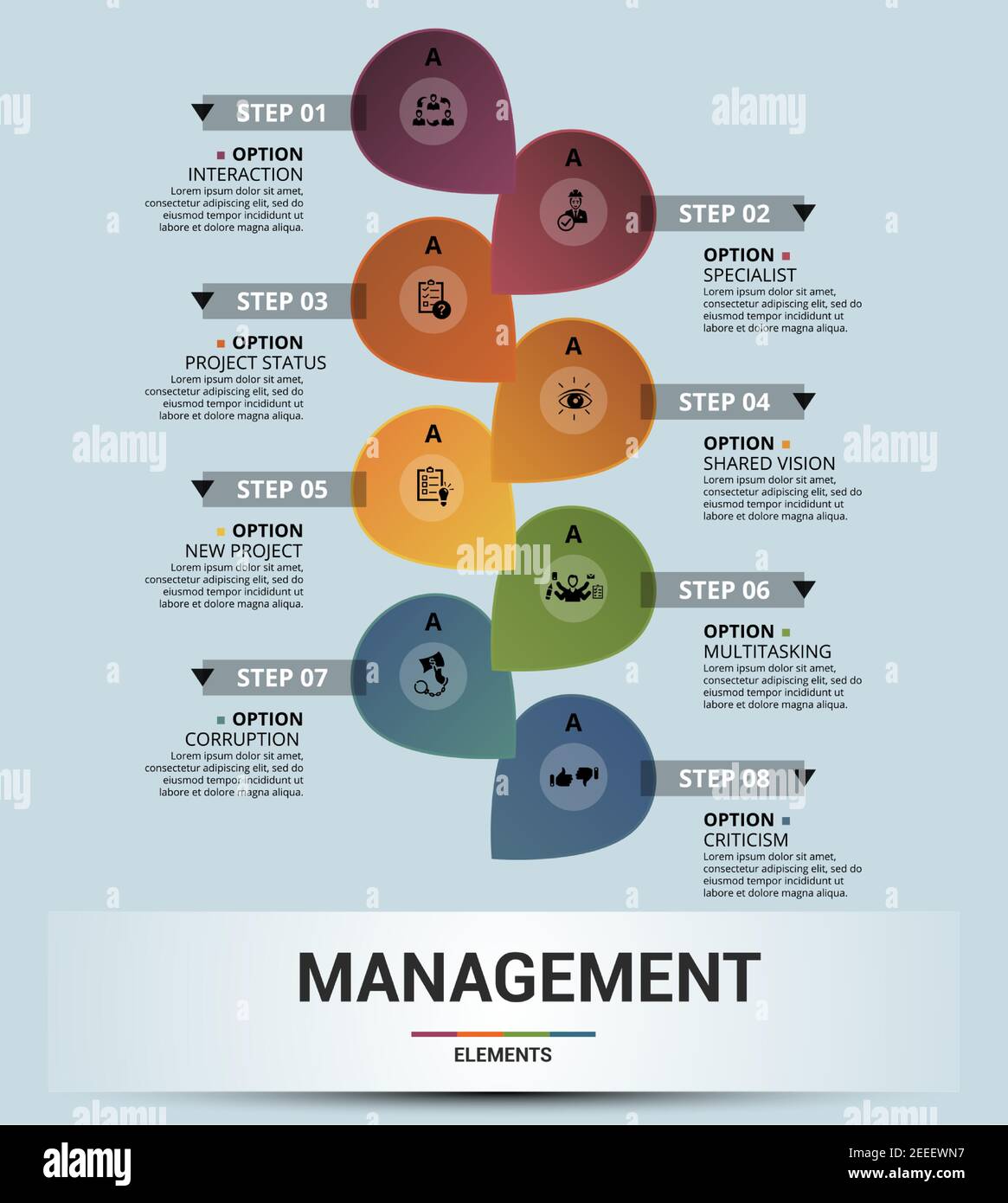 Infographic Management template. Icons in different colors. Include ...