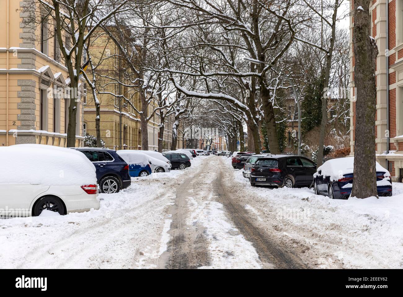 Snow blizzard has piled snow on city streets in Braunschweig, Germany ...