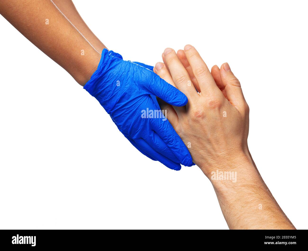 Male and female hands in medical gloves stretch to each other. Help ...