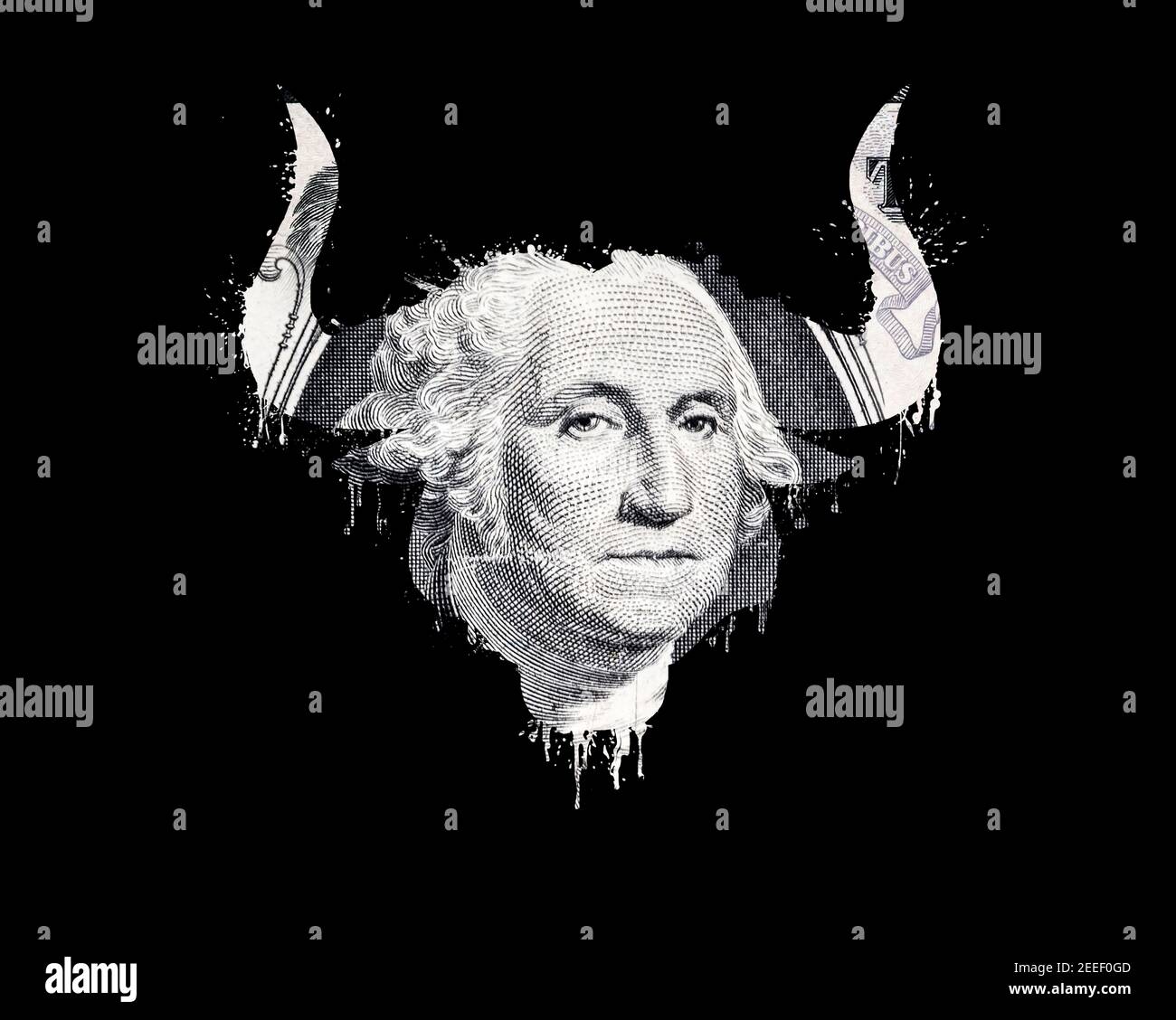 Isolated silhouette of a bull head close-up with paint splatter, blood ...