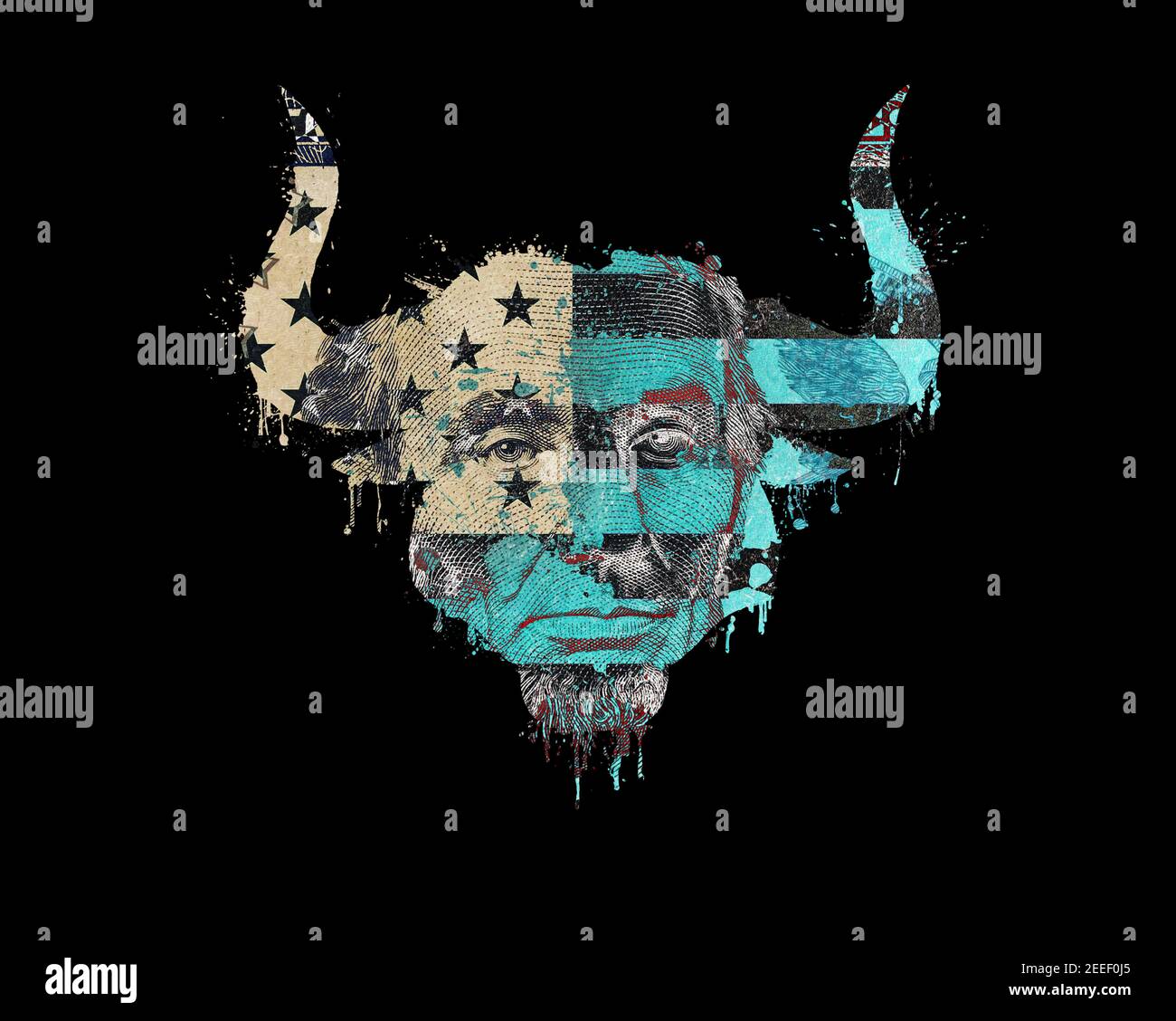 Isolated silhouette of a bull head with american flag with paint ...