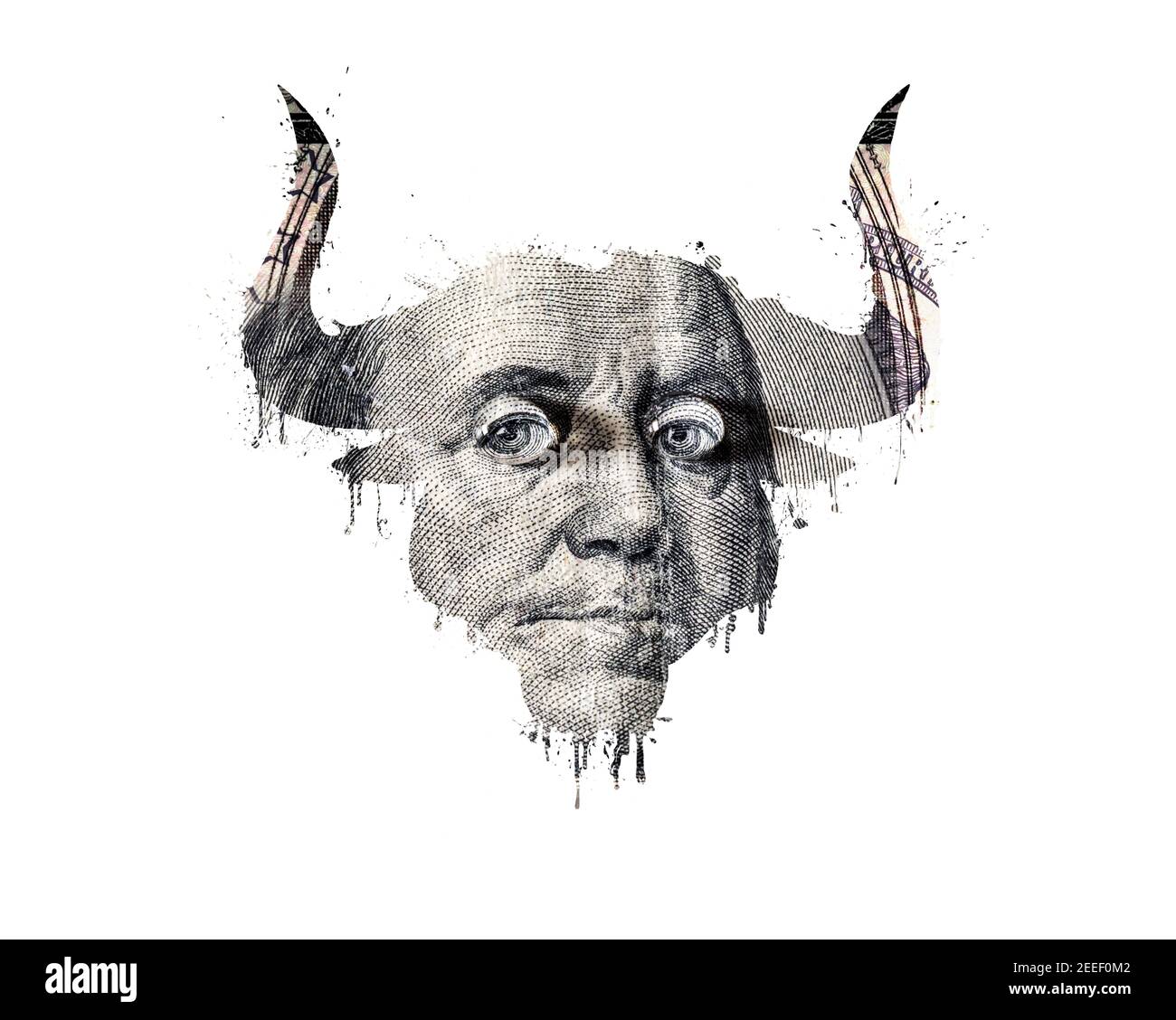 Isolated silhouette of a bull head close-up with paint splatter, blood ...