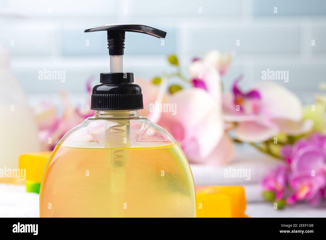 Liquid soap or body lotion set at hotel bathroom Stock Photo - Alamy