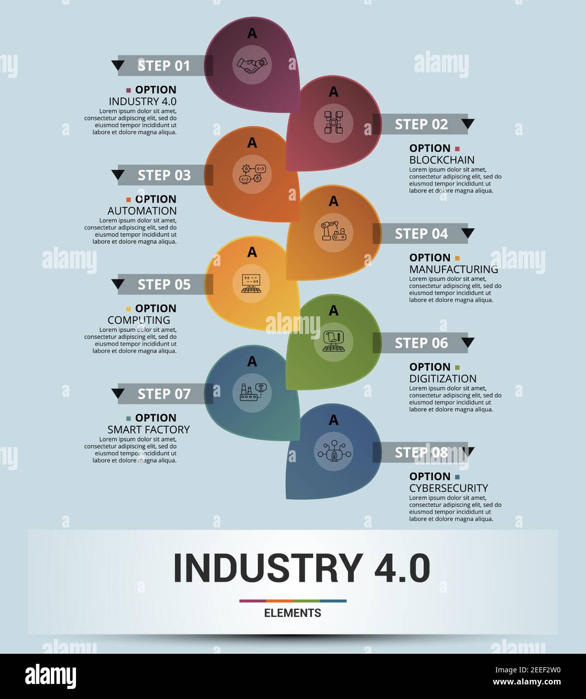 Infographic Industry 4.0 template. Icons in different colors. Include ...