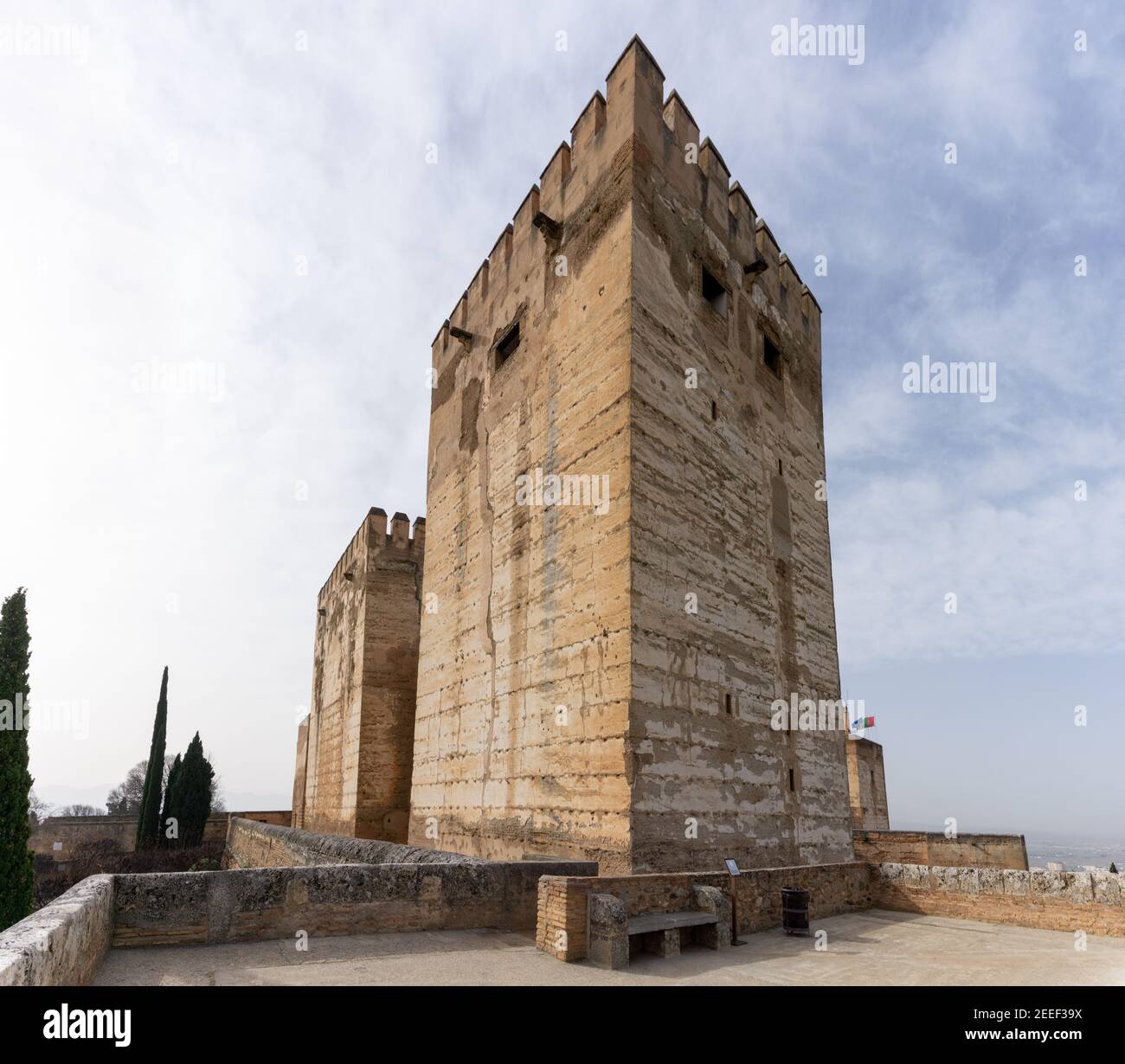 Granada, Spain - 5 February, 2021: massive stone guard towers in the ...