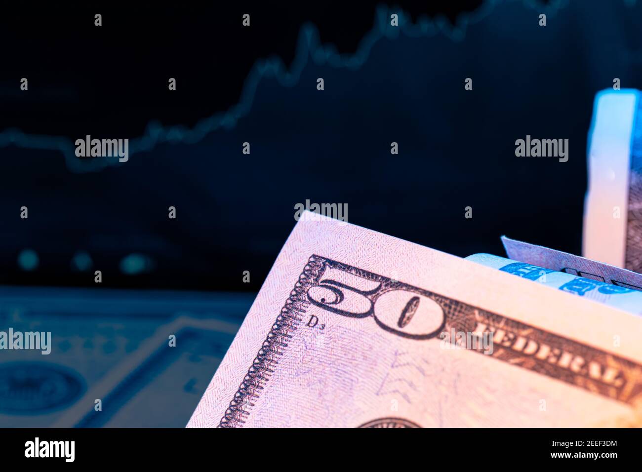 Dollars in front of a monitor with a price chart. Forex and trading ...