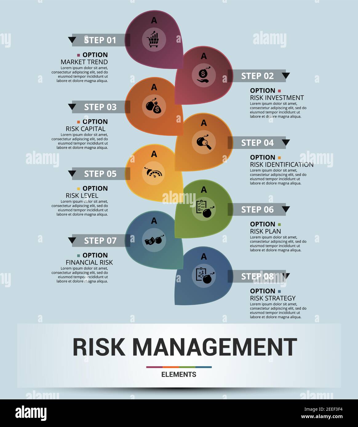 Infographic Risk Management template. Icons in different colors ...