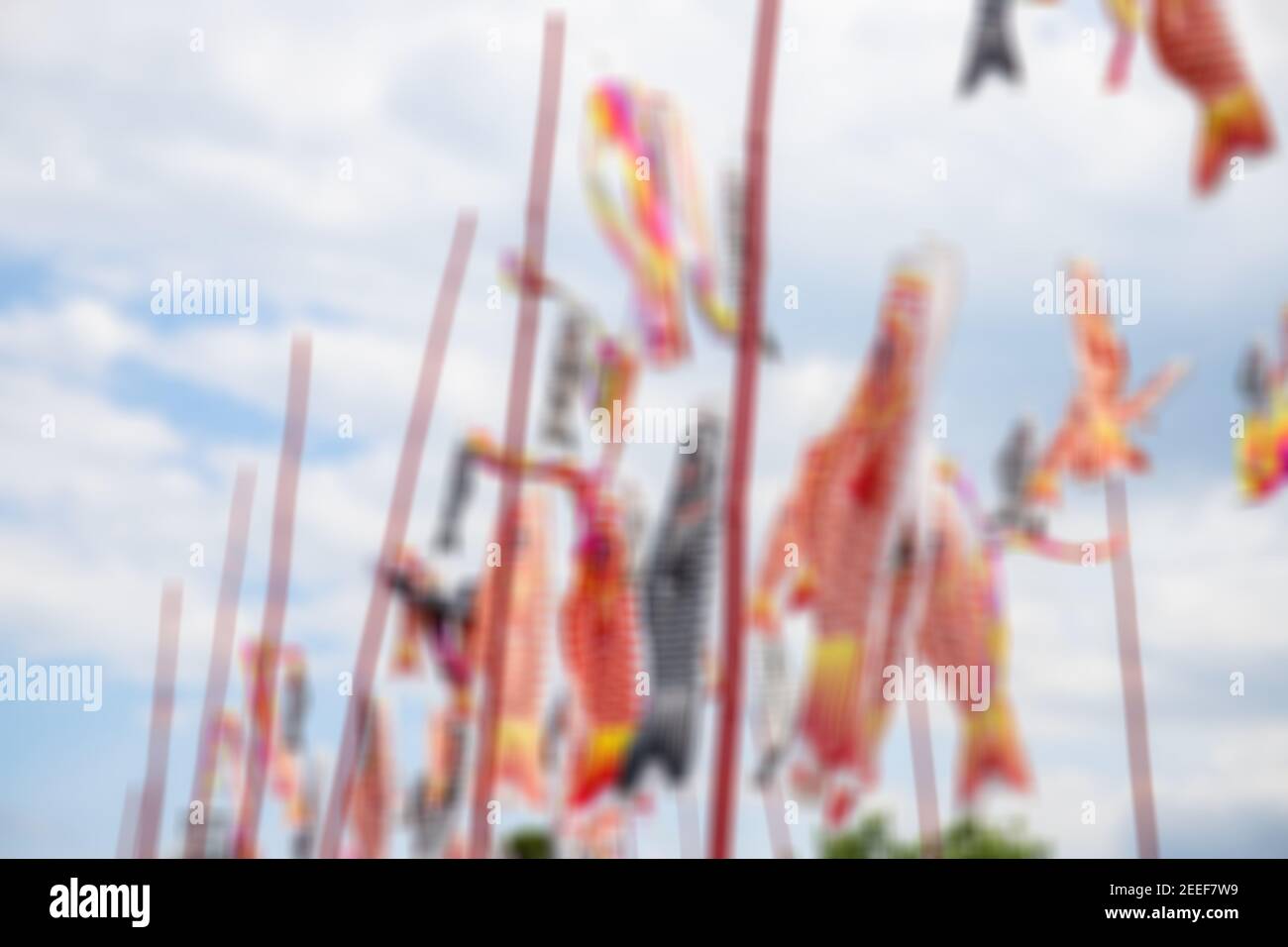 Japanese fish kite on sky, blurred photo background. Koi or koinobori ...