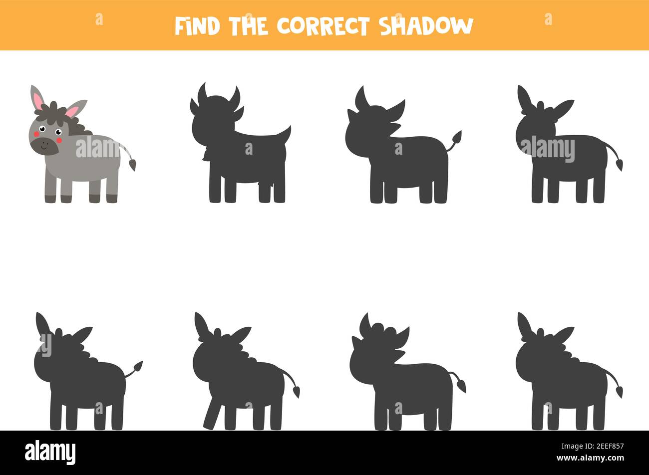 Find the correct shadow of farm donkey. Educational logical game for ...