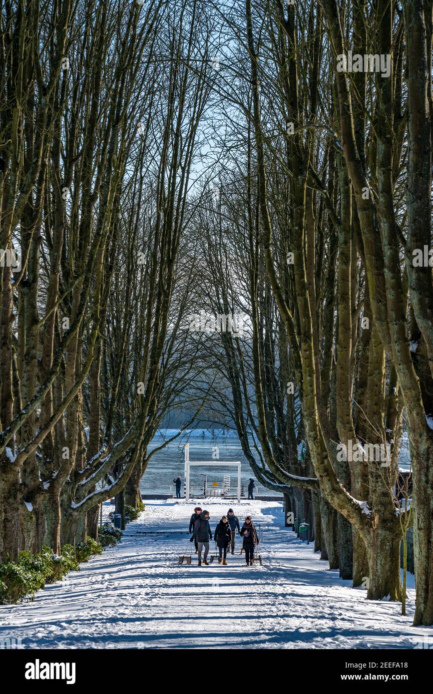 Winter in the Ruhr area, Baldeneysee, snow-covered, partly frozen lake ...