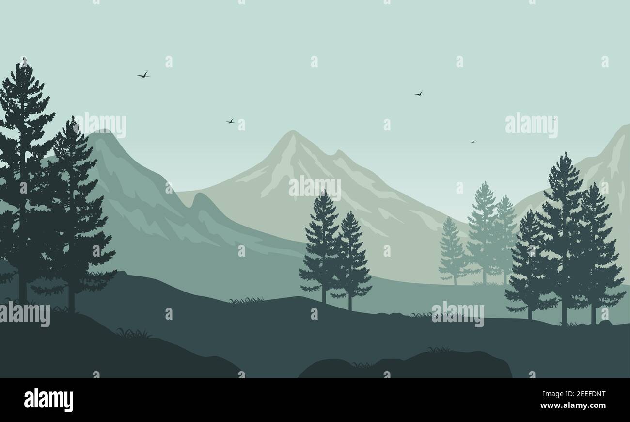 Beautiful natural scenery in the countryside on a foggy morning. Vector ...