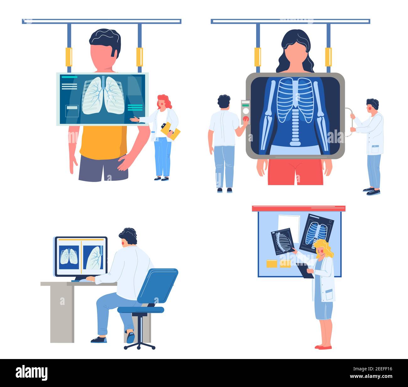 Fluorography lungs checkup procedure set, flat vector illustration ...