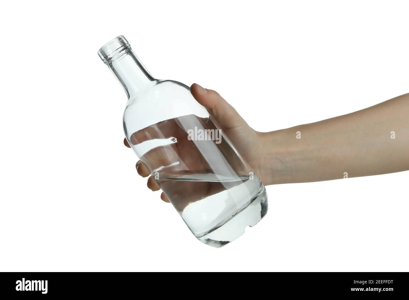 Female hand hold blank bottle of vodka, isolated on white background ...