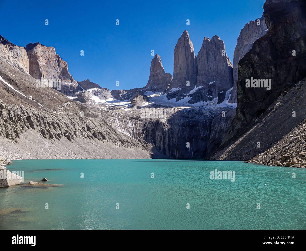 Three rock needles of Torres Del Paine in Pataognia in Chile in summer ...