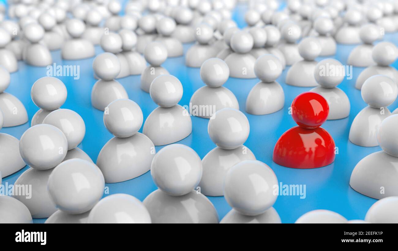 Staff recruitment, HR. Crowd of people and one special red leader. Blue ...