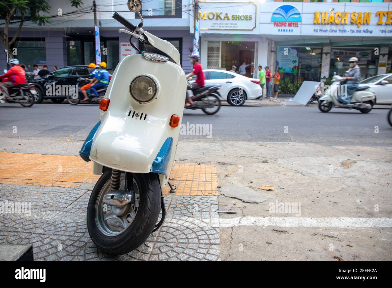 Danang, Vietnam - 25 Jul 2019: vintage motorbike parked on street. Old ...