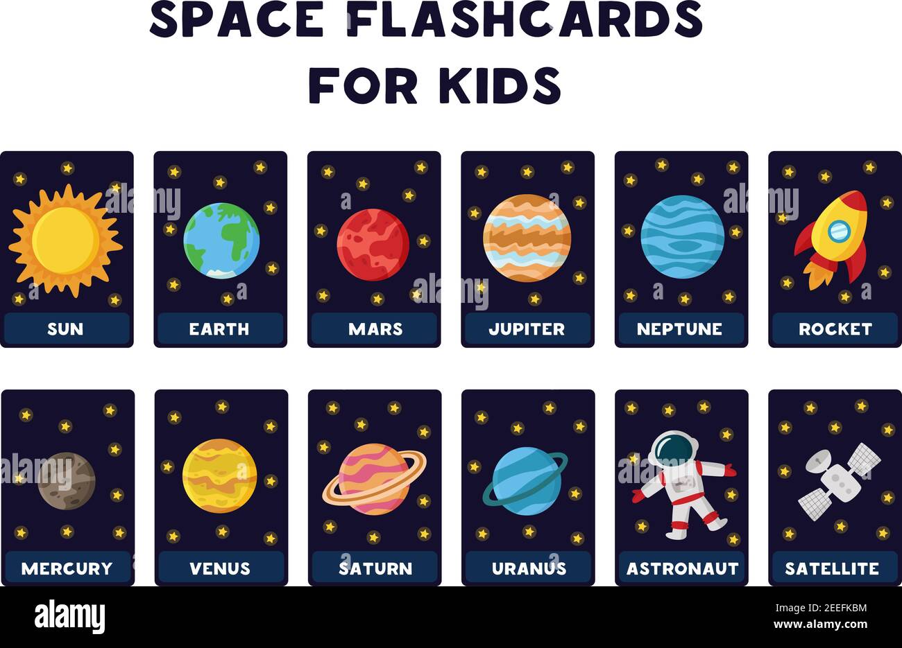 Space flashcards for kids. Vector illustrations of solar system planets ...