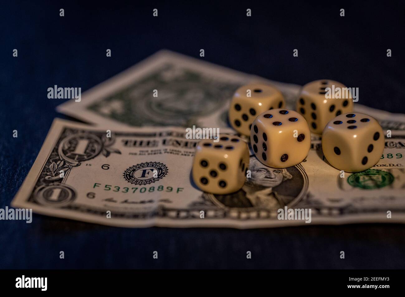 Dice lie on dollar banknotes. Symbol for gambling debts and gambling ...