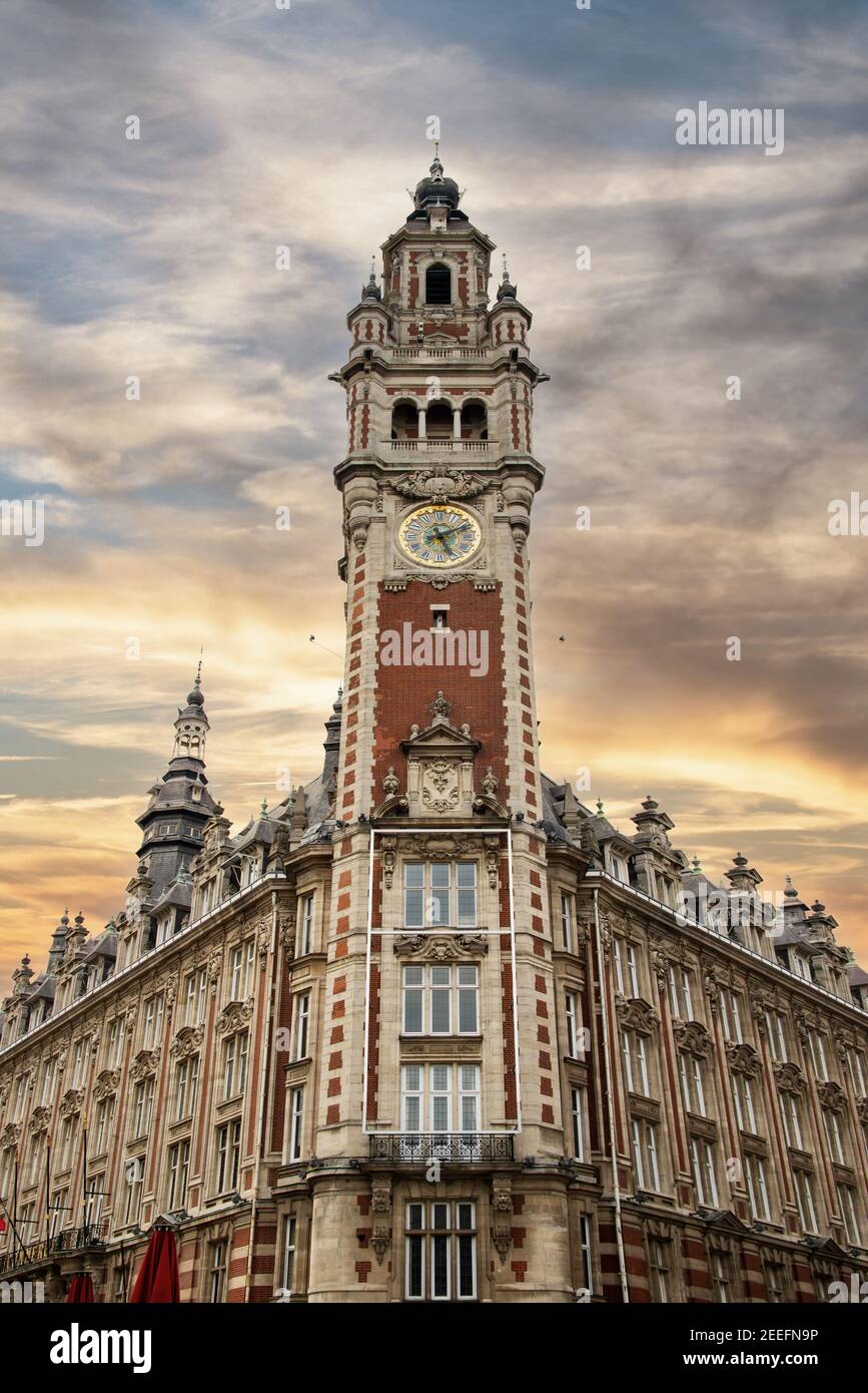 The ancient building and clock tower of the Chamber of Commerce in ...