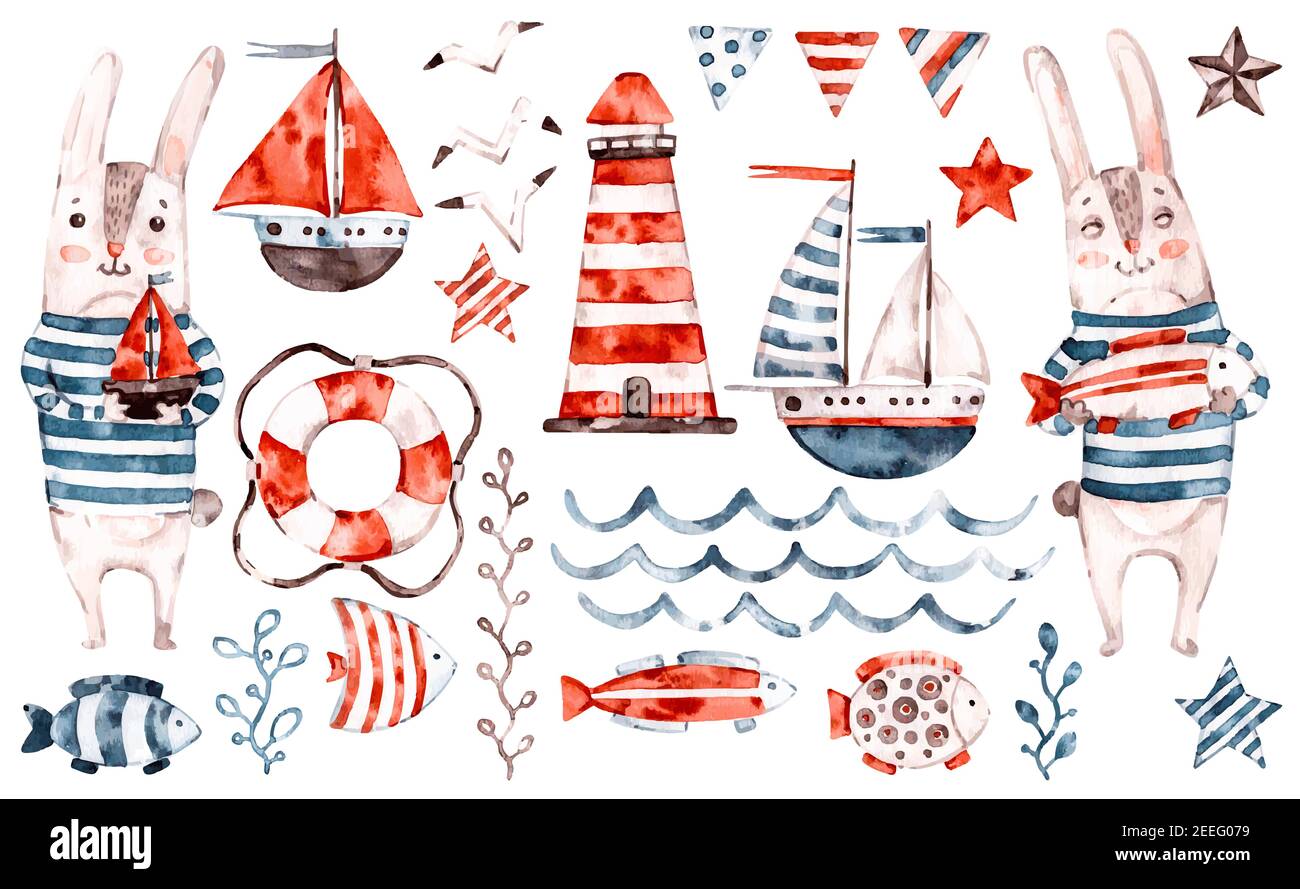 Nautical vector Watercolor baby rabbit sailor, animal cartoon nursery ...