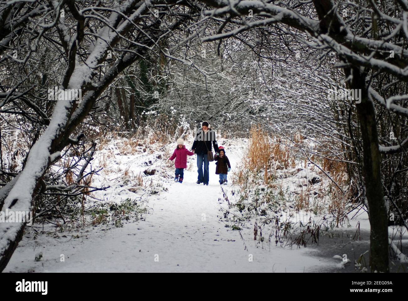 A family walks on a path in Winnall Moors Wildlife Reserve, Itchen ...