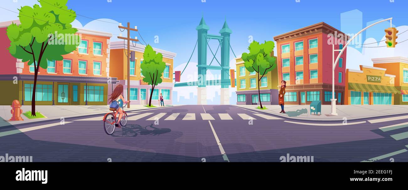 People on city street with crossroad, buildings and bridge. Citizen on ...