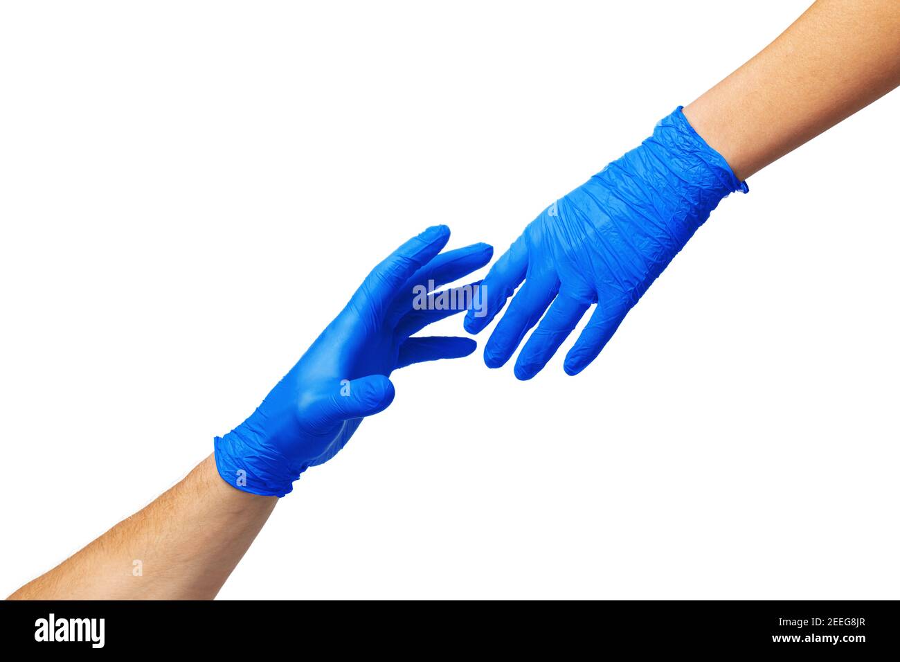 Male and female hands in medical gloves stretch to each other. Help ...