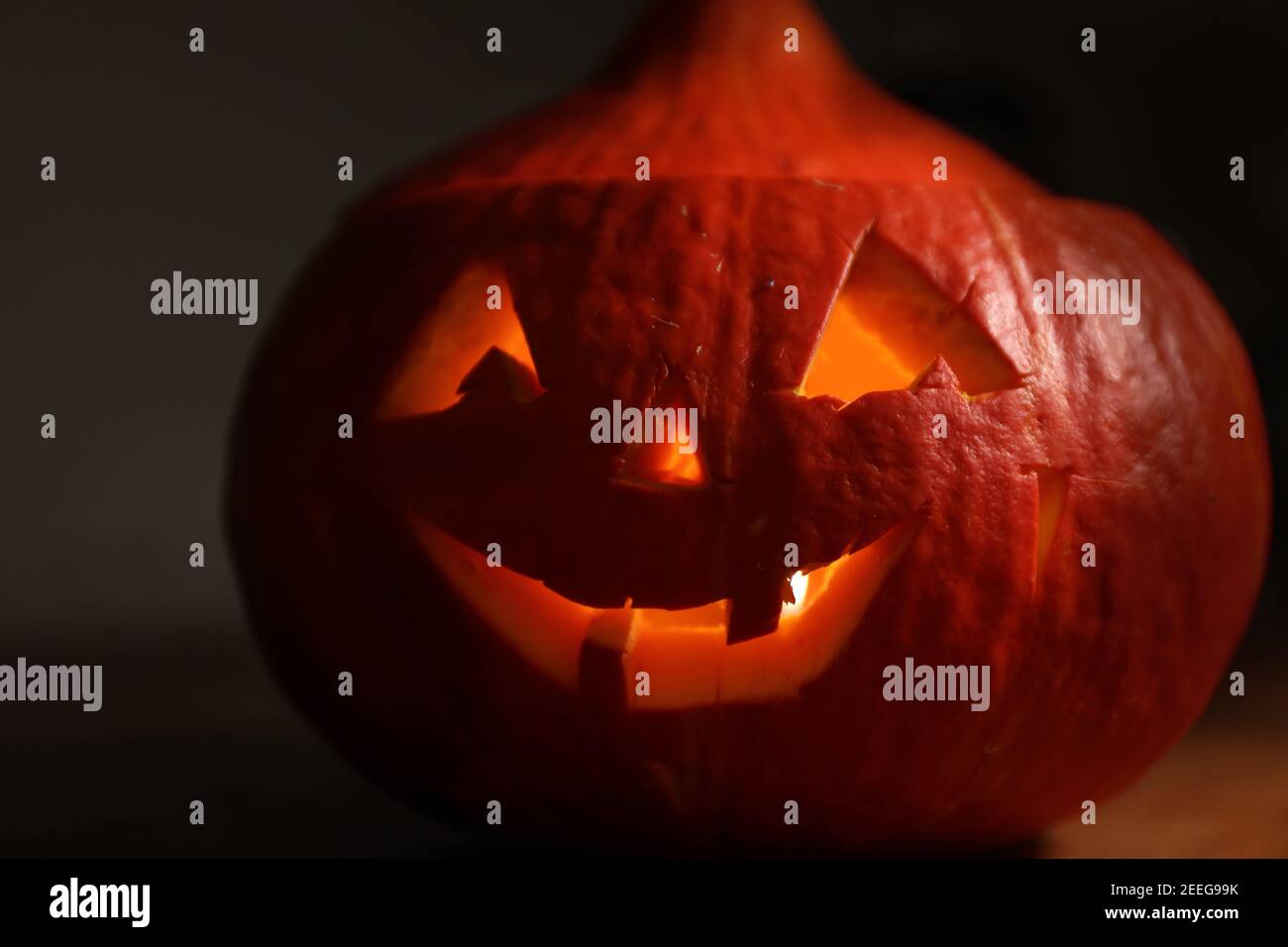 Jack-o'-lantern, Halloween pumpkin head smiling with light inside Stock ...