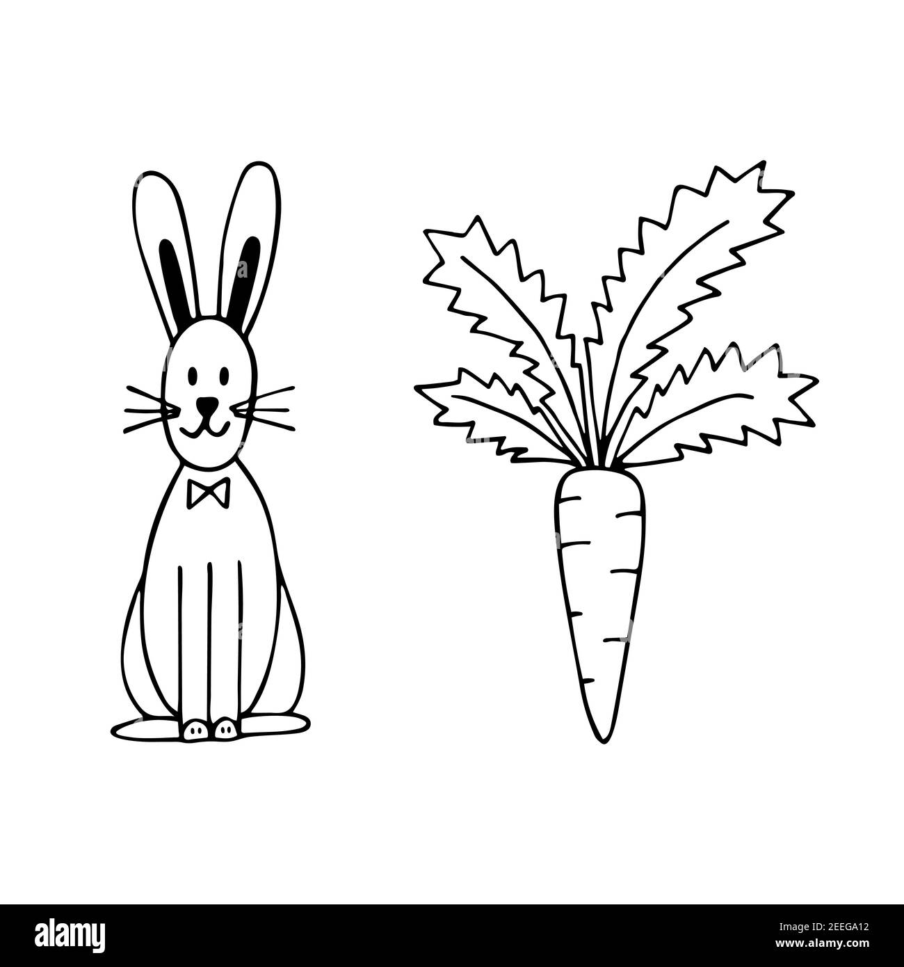 Sitting rabbit with a bow tie and a carrot. Isolated simple hand drawn ...