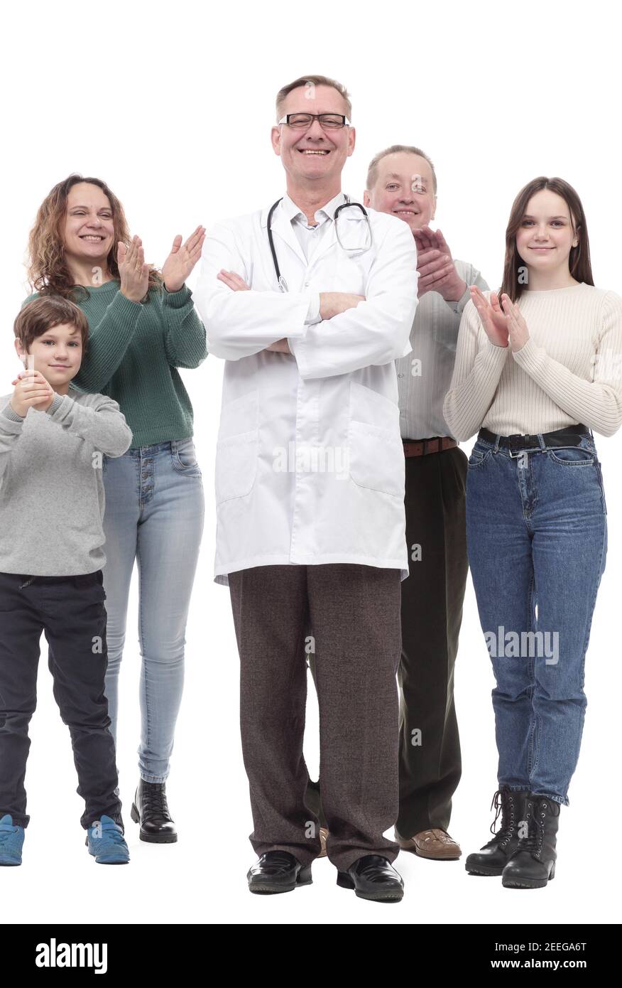 happy family and their family doctor standing together Stock Photo - Alamy