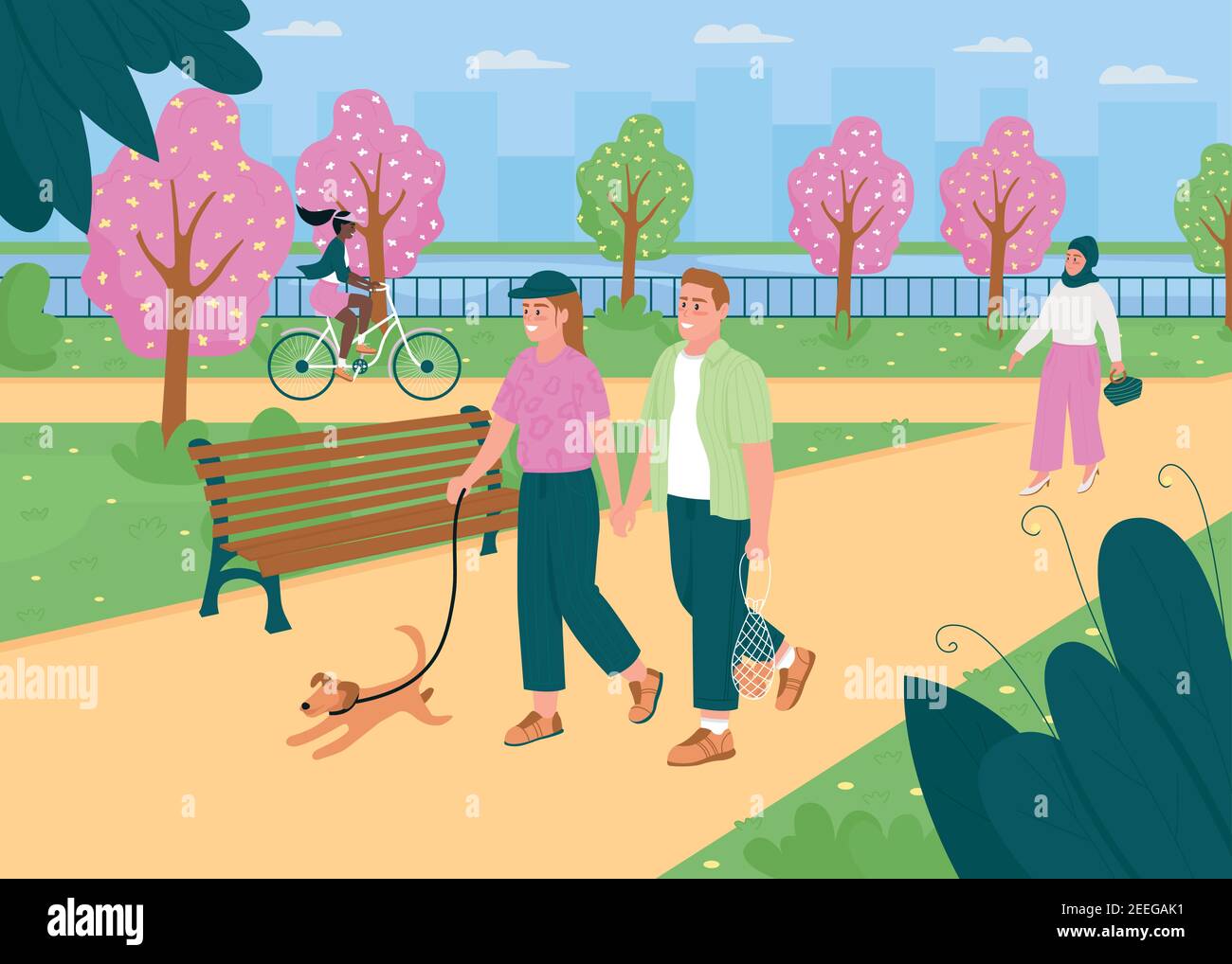 People walk in springtime park flat color vector illustration Stock ...