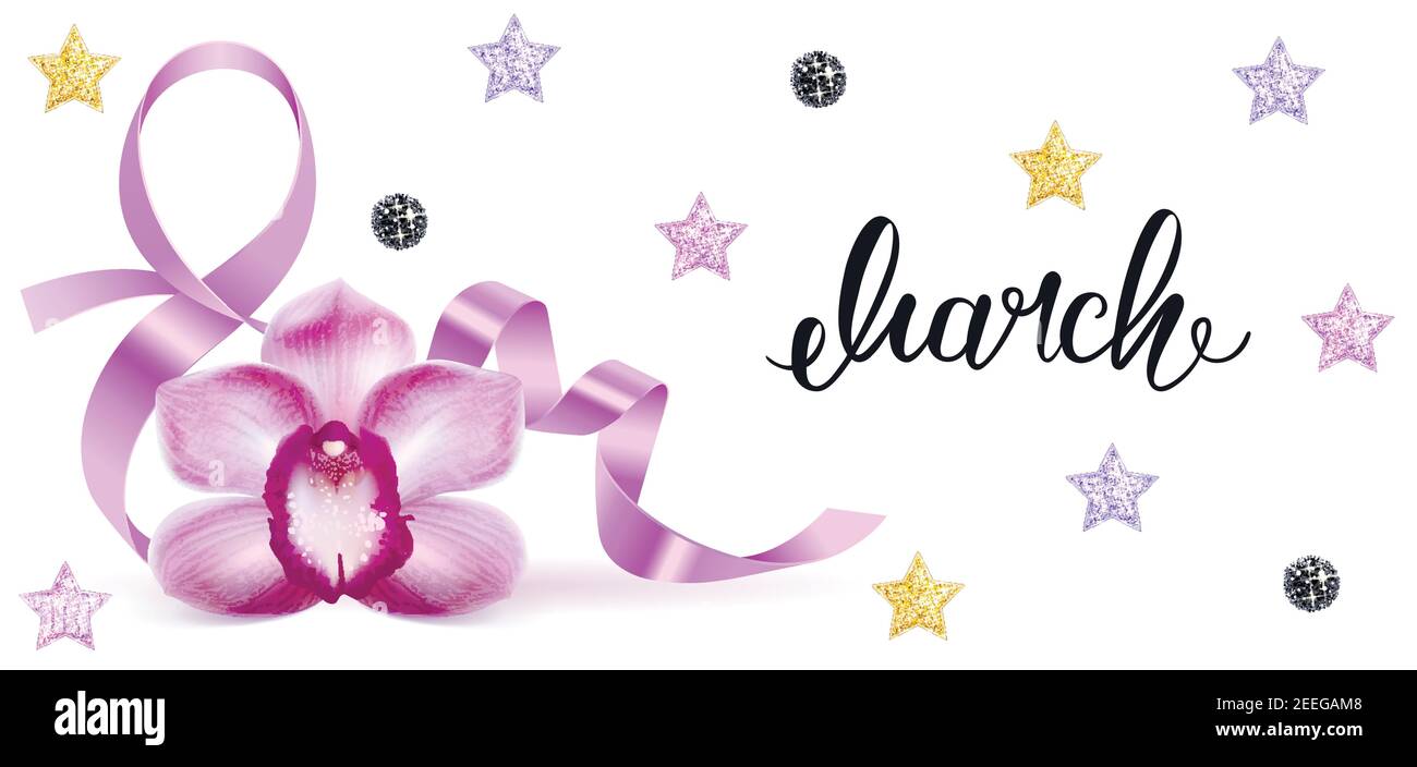 symbol of March eight with a purple Orchid flower and sparkling stars ...